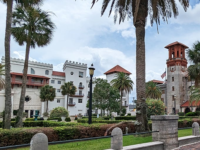 The Spanish Renaissance façade of the Lightner Museum houses a delicious secret below—where palm trees stand guard over culinary treasures within.