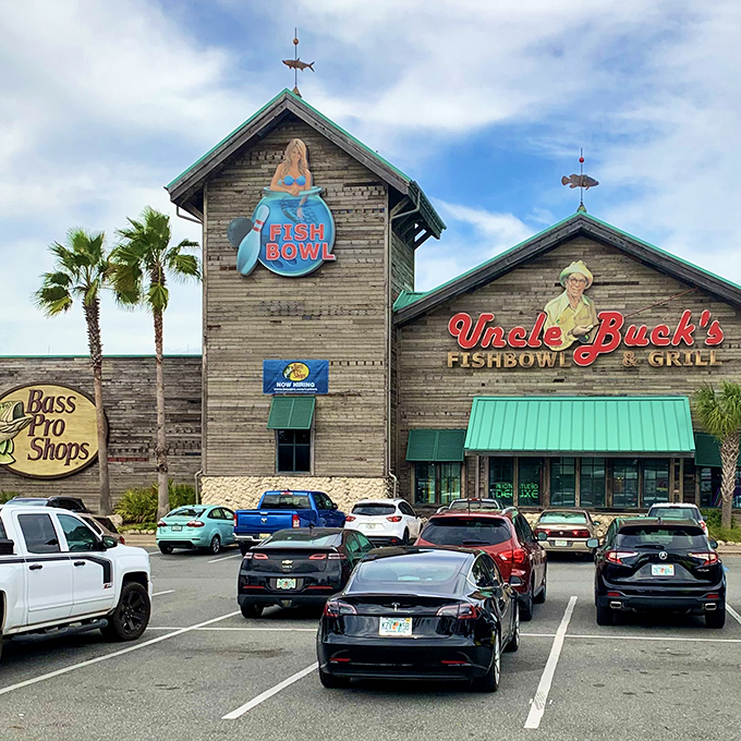 Rustic charm meets oceanic whimsy at Uncle Buck's exterior, where weathered wood and playful signage hint at underwater adventures within.