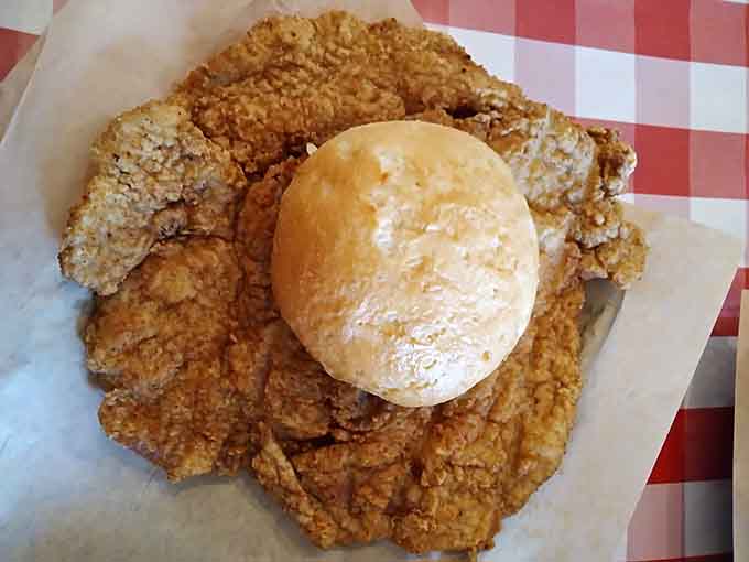 The breaded pork tenderloin extends beyond its bun in every direction, golden and crispy like edible sunshine on a plate.