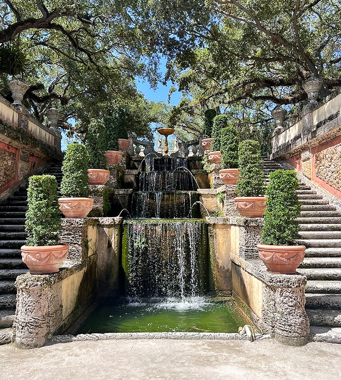 Water cascades down stone steps in a display that makes your shower's water pressure seem sadly inadequate by comparison.