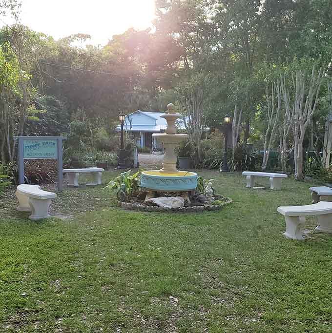 The meditation garden offers a serene spot for reflection, complete with whimsical touches that make spirituality feel accessible and fun.