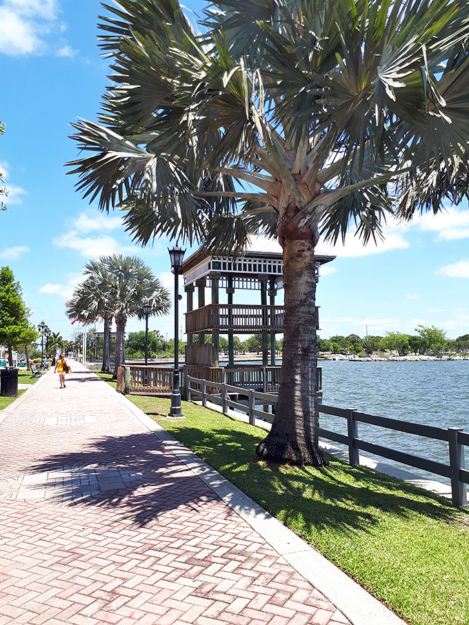 Cocoa Riverfront Park offers a peaceful boardwalk where palm trees sway and dolphins occasionally make guest appearances in the sparkling Indian River.