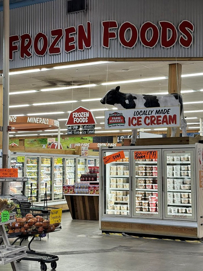Frozen Foods area: Where that cow silhouette stands guard over ice cream so fresh you can practically hear the dairy cows discussing the weather.