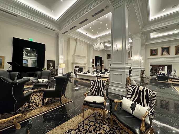 Crystal chandeliers and coffered ceilings transform this lobby into something between a European palace and your fanciest daydream about luxury travel.