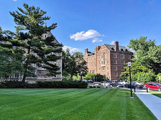 Emerald lawns provide a lush carpet surrounding these historic buildings, where students gather between classes to debate everything from torts to lunch plans.