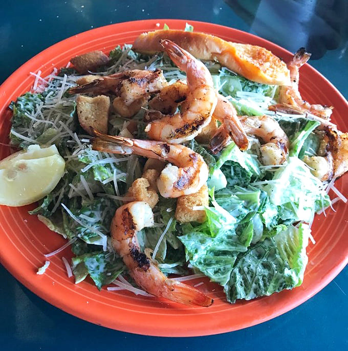 Fresh salad topped with grilled shrimp, proving healthy choices don't have to taste like punishment or cardboard.
