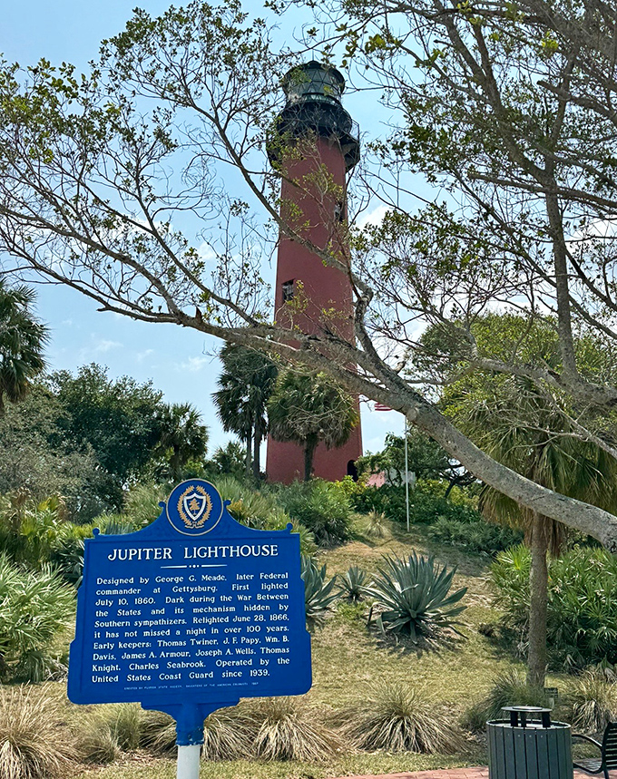 This blue sign tells tales of Civil War intrigue, when Confederate sympathizers darkened the light to confuse Union ships.