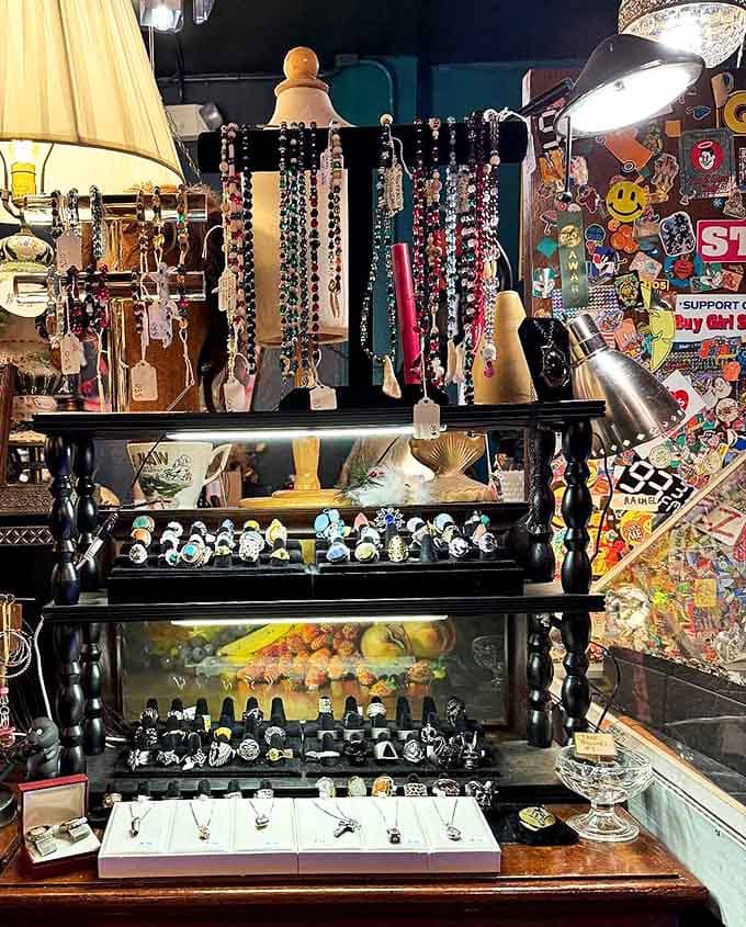 Treasure hunters delight in these display cases, where vintage rings and necklaces tell stories of bygone eras through silver, stone, and craftsmanship.