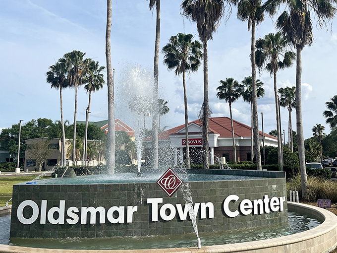 Oldsmar Town Center's fountain welcomes shoppers with a splash of small-town hospitality amid palm tree paradise.