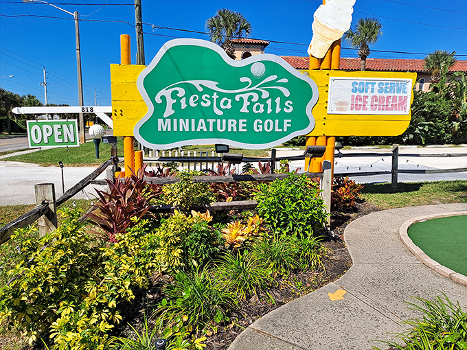 The sign says it all &ndash; Fiesta Falls: where mini-golf meets maximum fun, with a side of soft-serve ice cream for good measure.