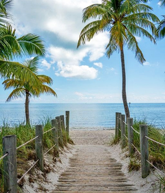 A sandy path flanked by swaying palms beckons visitors toward hidden beaches where social distancing happens naturally, not by mandate.