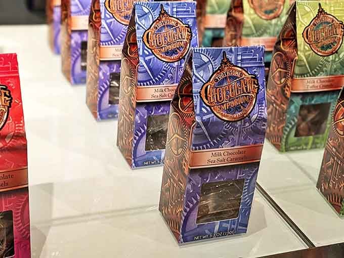 The chocolate shop displays handcrafted confections in elegant packaging&mdash;each one a potential souvenir that probably won't survive the trip home.