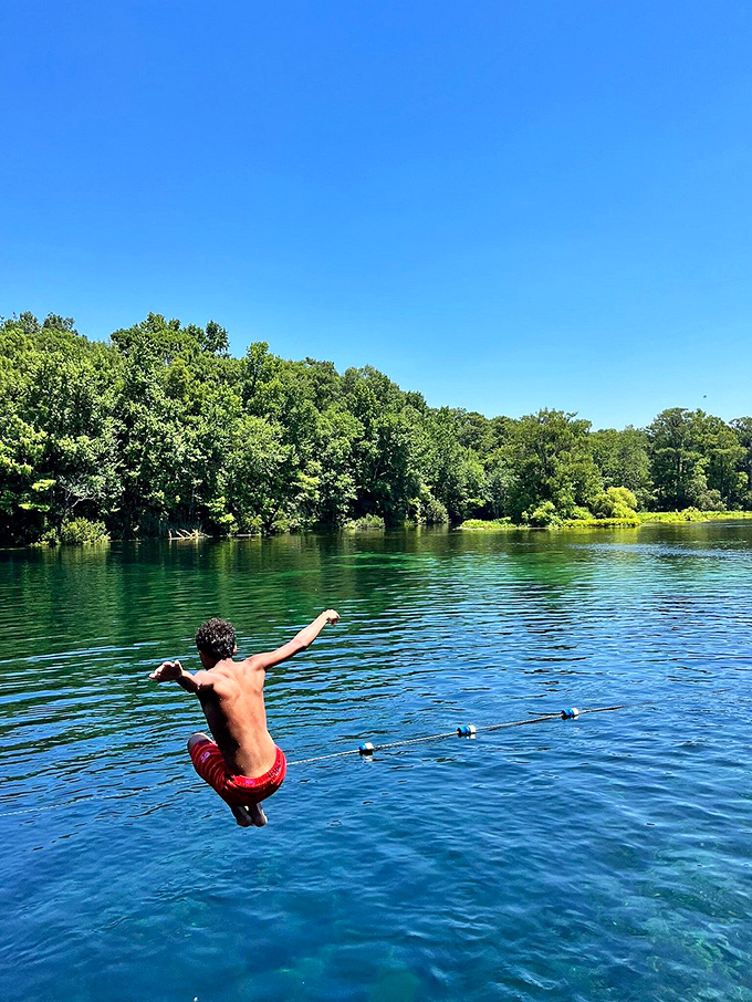 A young adventurer launches into crystal waters with abandoned joy, creating the kind of summer memory that lasts a lifetime.