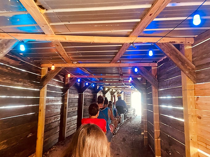 Passengers enjoy the simple pleasure of chugging through a wooden tunnel, where the interplay of light, shadow, and anticipation creates a moment of pure railroad magic.