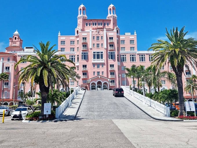 The Pink Palace rises from St. Pete Beach like a cotton candy dream that somehow became architectural reality.