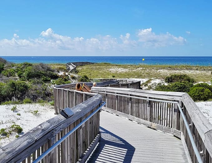 Pure white sand dunes rise like small mountains, protecting the beach while sea oats wave in the breeze.