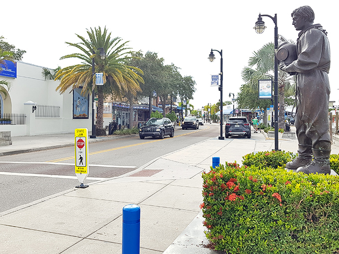 The vibrant crosswalks of Tarpon Springs lead visitors between shops and restaurants where the sponge diving tradition lives on in every storefront.