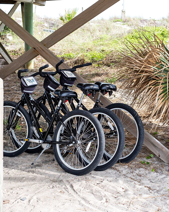 Bicycles stand ready for island exploration, from cruising the hard-packed sand at low tide to venturing into historic Fernandina Beach.