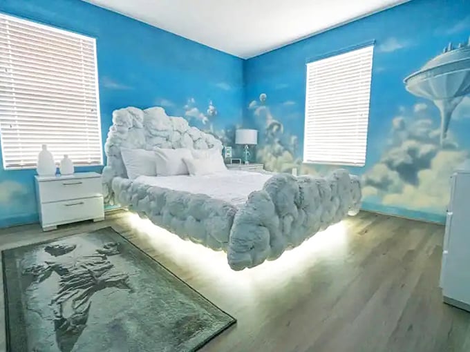 Drift off among the clouds in this dreamy bedroom that captures Cloud City's ethereal beauty without the risk of carbon freezing.