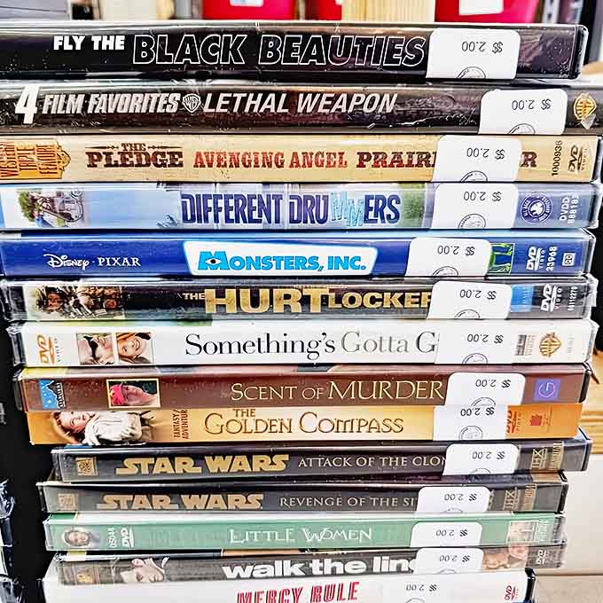 DVD treasures stacked like a time capsule of movie nights past &ndash; from Star Wars to Little Women, stories preserved for new generations.