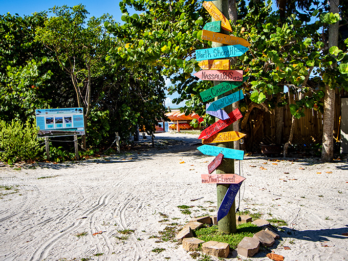 Colorful confusion never looked so charming &ndash; this whimsical signpost points to faraway places while reminding visitors they're exactly where they should be.