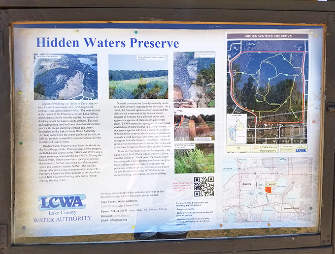 This weathered information board tells stories of sinkholes, watersheds, and ecosystems &ndash; nature's version of "once upon a time."