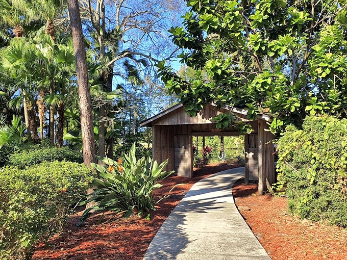 This rustic wooden entrance beckons guests into a trail adventure, promising natural discoveries beyond the pool.