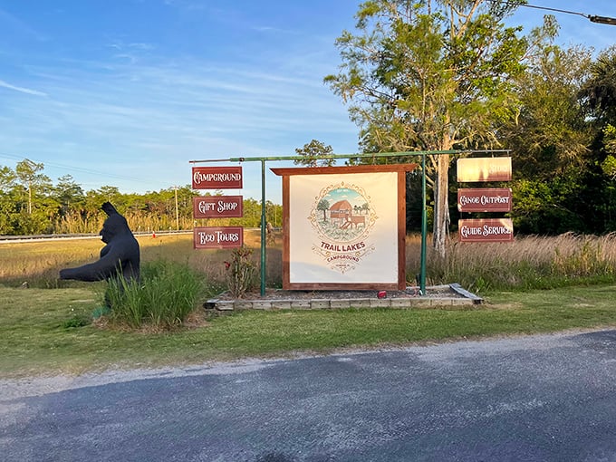 First impressions matter! Trail Lakes' welcoming signage promises adventures that big-box tourist attractions simply can't deliver.