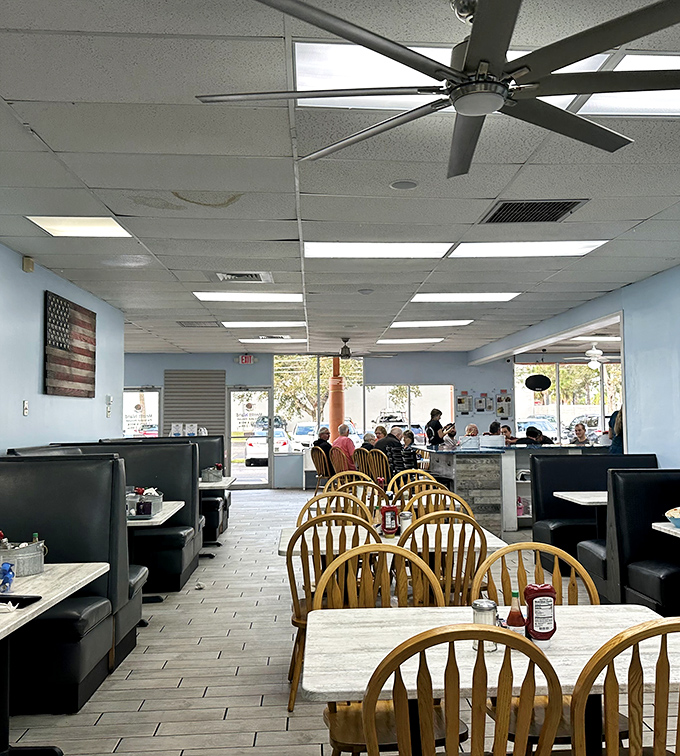 The dining area buzzes with the satisfied murmurs of breakfast enthusiasts embarking on their morning adventures, one forkful at a time.