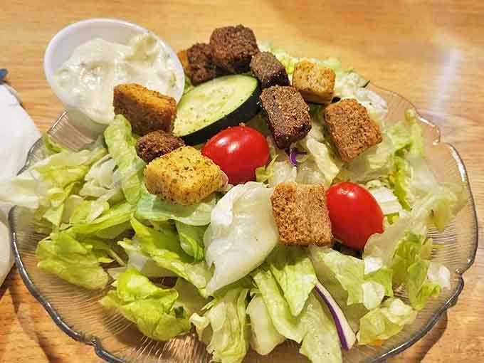 Garden salad: Crisp, fresh, and vibrant&mdash;proof that steakhouses can do vegetables right. Those croutons look like they've been bench-pressing.