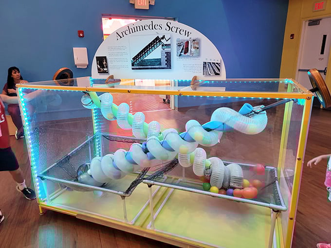 Science in action! The Archimedes Screw exhibit demonstrates ancient principles of physics through hands-on play &ndash; learning disguised as entertainment.
