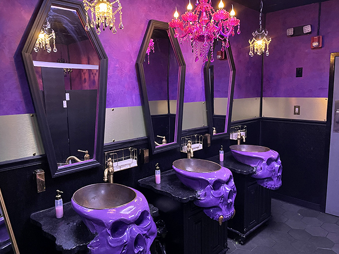 Even the restrooms maintain the theme &ndash; skull-shaped sinks and coffin mirrors transform a mundane moment into part of the macabre experience.