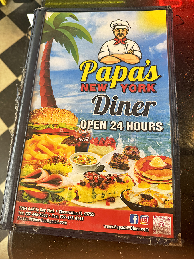 The menu cover showcases Papa's impressive range, from burgers to breakfast to homestyle entrees, all available around the clock.