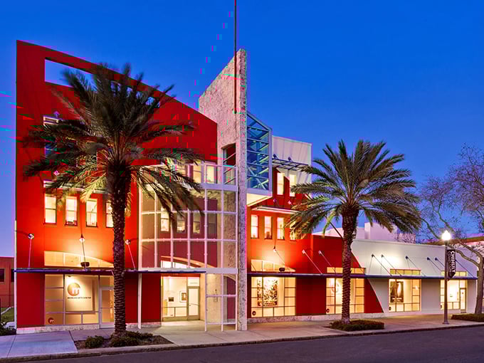 The Morean Art Center's striking red exterior signals the creative treasures within, from blown glass to contemporary paintings.