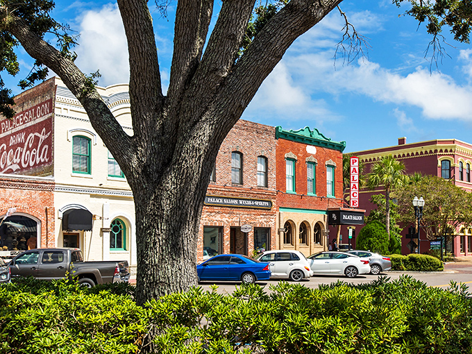 The charming downtown of Fernandina Beach glows in golden hour light, when shops close and restaurants prepare for evening visitors.