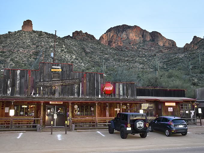 The Superstition Saloon welcomes visitors with rustic western decor. Tortilla Flat's historic buildings transport visitors back to Arizona's frontier days.