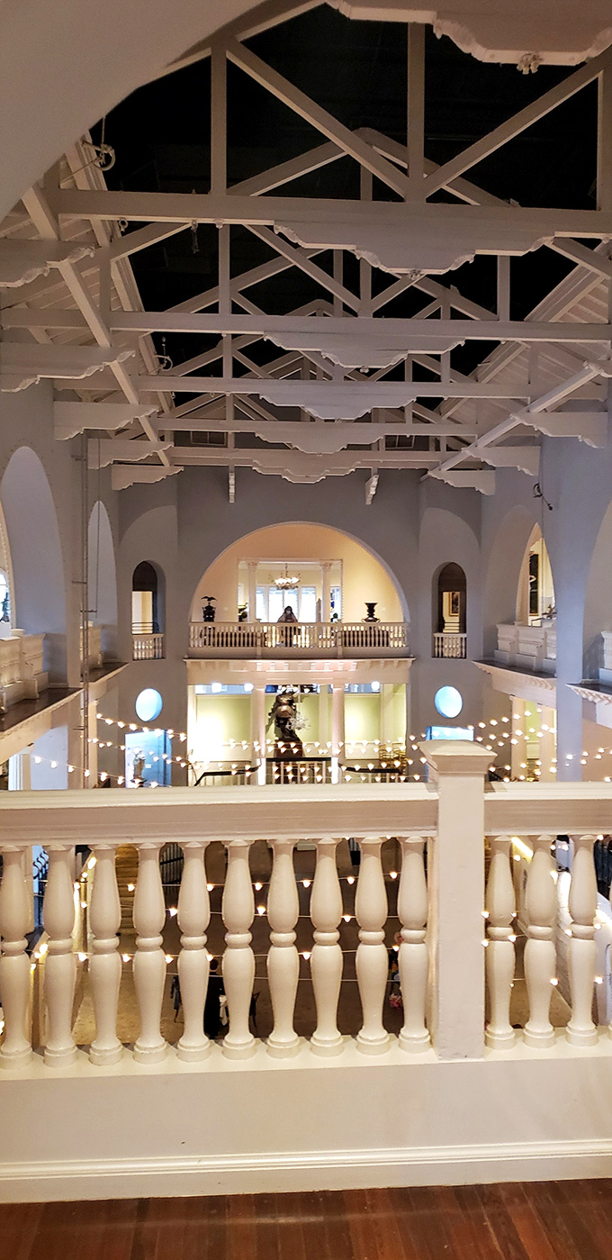 Looking down from the second floor feels like watching swimmers from the gallery—except now we're eyeing sandwiches instead of backstroke techniques.
