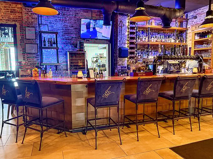 The bar stands ready for service, its impressive collection of spirits promising liberation from the ordinary and adventures in liquid form.