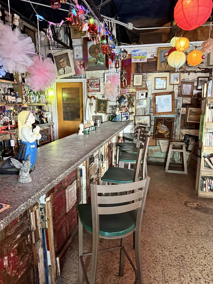 The counter area &ndash; where bottles glint in lantern light and every surface seems constructed from materials that lived interesting lives before Stardust.