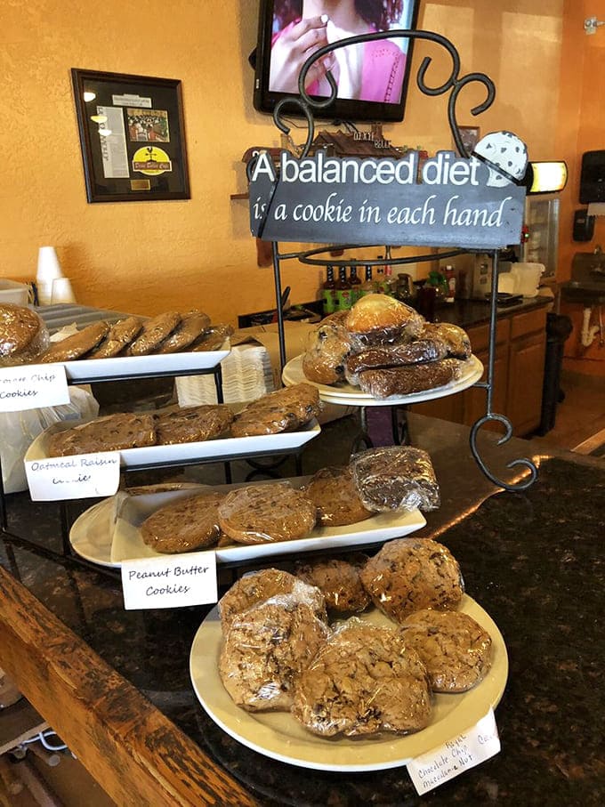 A balanced diet means a cookie in each hand, according to this delightfully honest display of fresh-baked temptation.