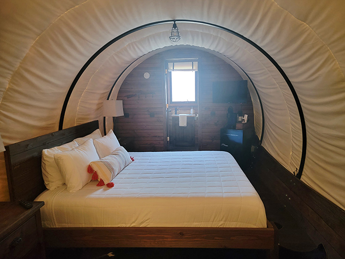 Inside the wagon, pioneer aesthetics meet modern comfort &ndash; no dysentery or broken axles on this Oregon Trail!