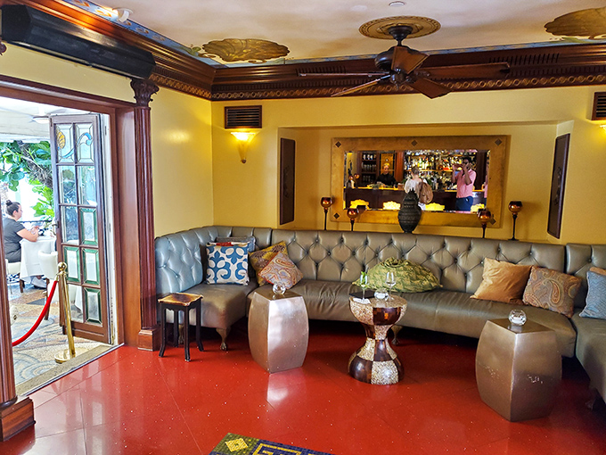 Plush seating and warm lighting create an intimate lounge atmosphere, perfect for pre-dinner cocktails or post-meal conversation.