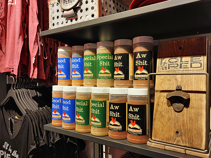 A lineup of novelty spice blends adds a fun touch to the shop&rsquo;s quirky merchandise.