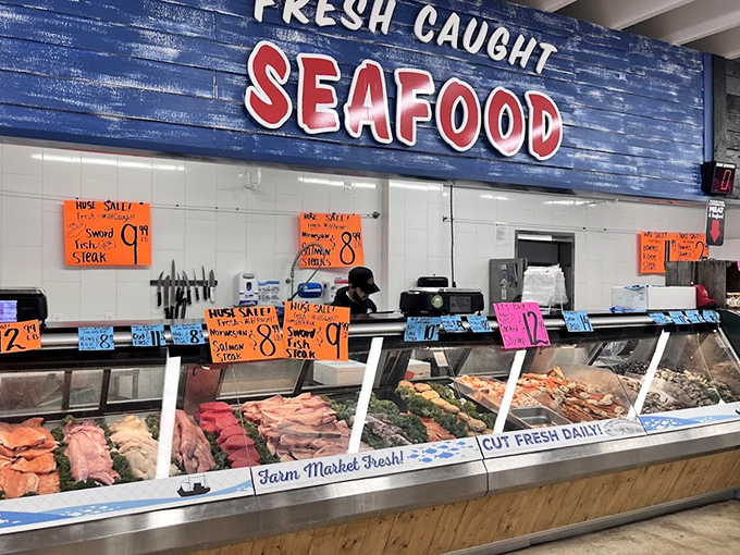 Seafood counter: Fish so fresh they might still be checking their underwater mail, displayed with the pride of maritime treasure.