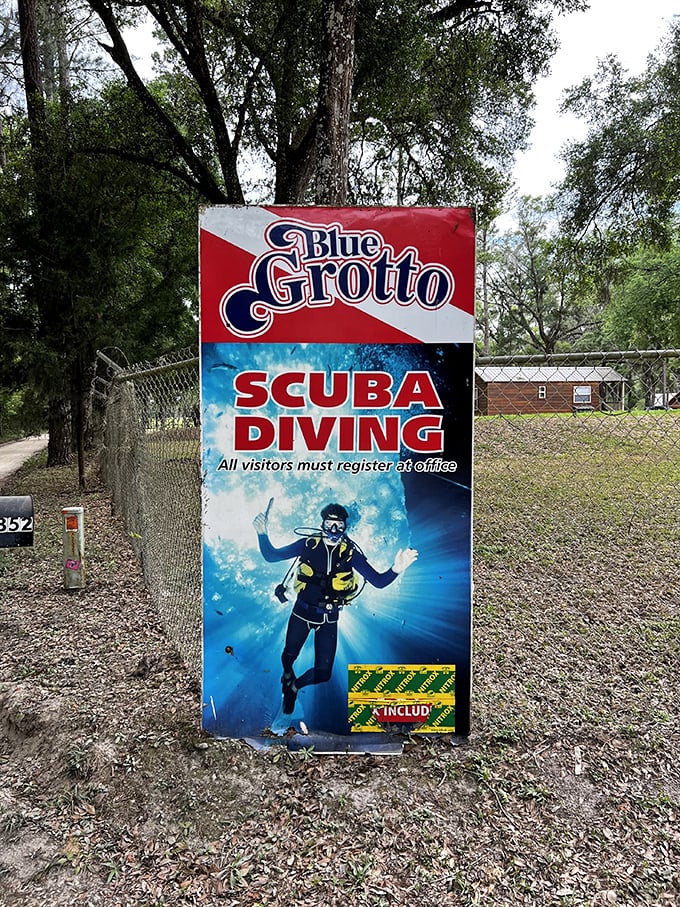 Bold signage marks the entrance to this hidden gem, promising underwater adventures that feel worlds away from ordinary Florida tourism.