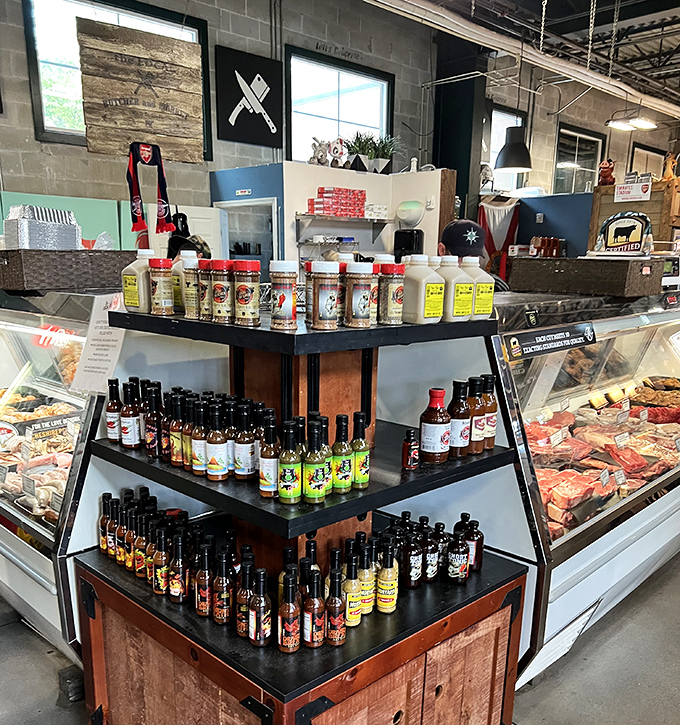 Bottles of artisanal hot sauces and spice blends stand at attention, promising to transform home cooking with just a dash.