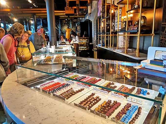 The chocolate display case offers a rainbow of handcrafted truffles and bonbons&mdash;each one a tiny edible artwork too pretty to eat (but you will anyway).