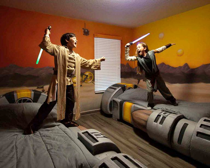 Imagination comes alive as young Jedi masters engage in epic lightsaber battles across their Tatooine-inspired bedroom battlefield.