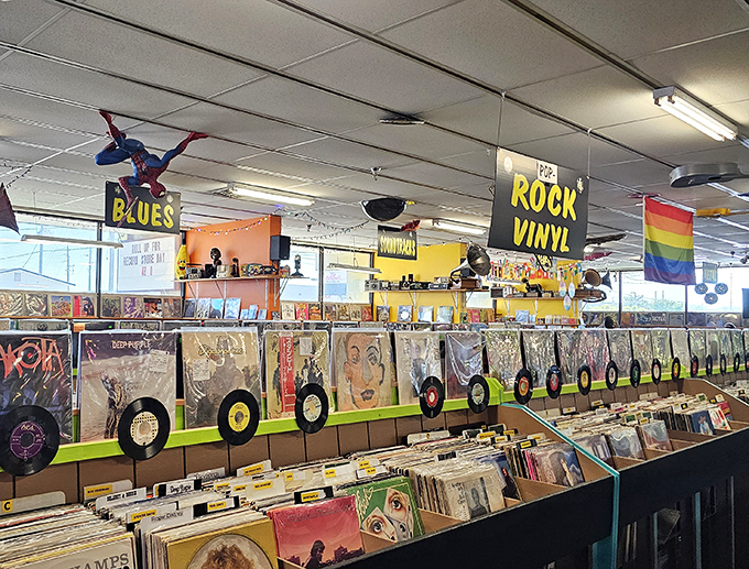 The rock vinyl section stretches seemingly to infinity, with rare pressings and forgotten gems waiting to be rediscovered by eager fingers.