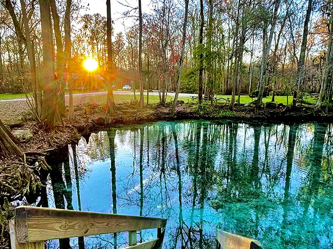 Sunset serenity: Golden hour transforms the springs into a magical mirror, reflecting day's end in liquid crystal.